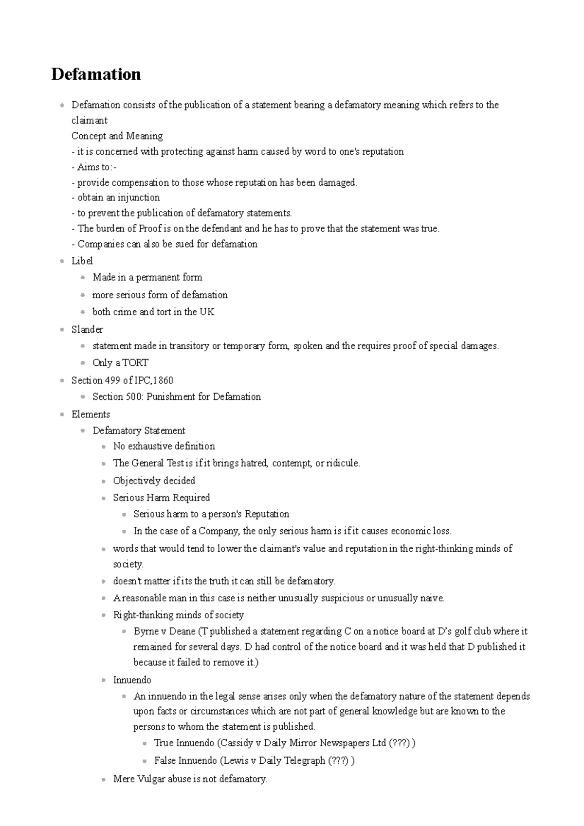 (Notes) Defamation - Defamation Defamation consists of the publication ...