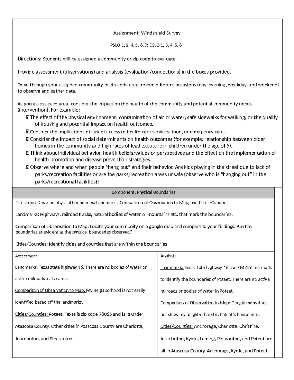 Windshield survey - Assignment: Windshield Survey PSLO 1, 2, 4, 5, 6, 7 ...