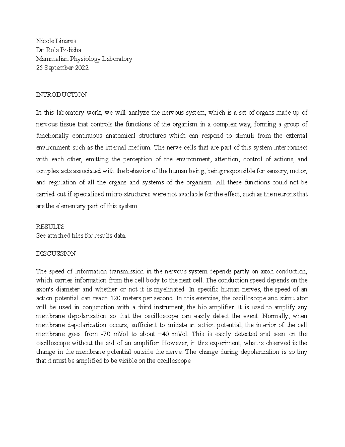 Lab report 1 Mammalian - Nicole Linares Dr. Rola Bidisha Mammalian ...