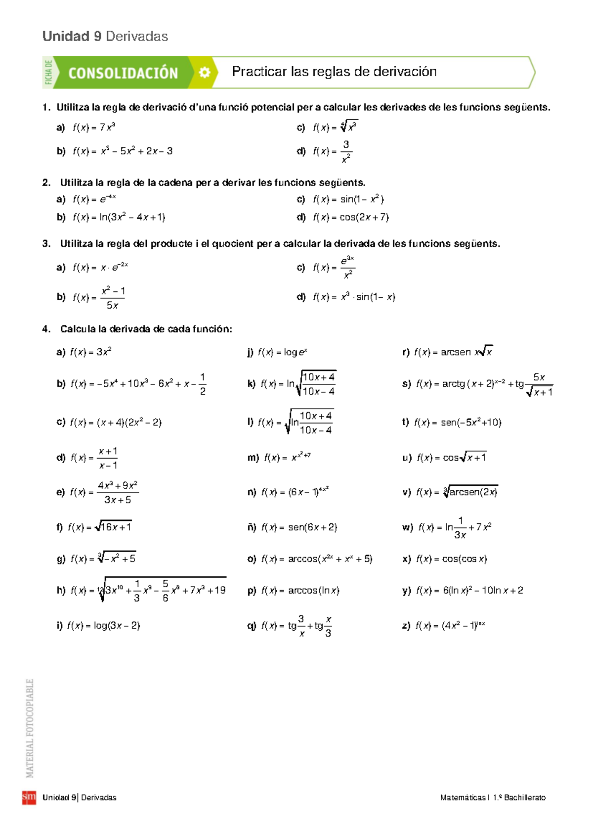 Fitxa. Practica regles de derivació - Unidad 9 Derivadas Unidad 9│Derivadas Matemáticas I 1.º ...