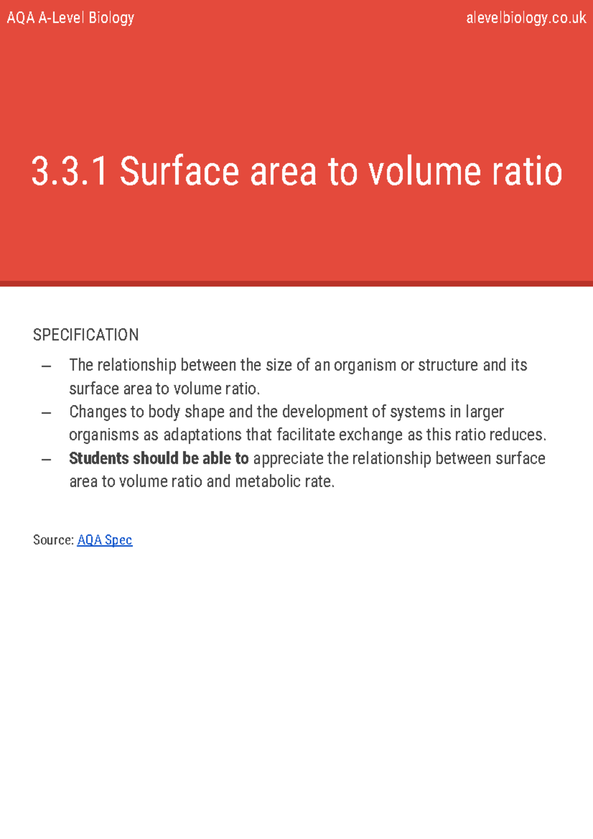 AQA AS Biology 3.3.1 - Surface area to volume ratio - BIO-333 - GCU ...