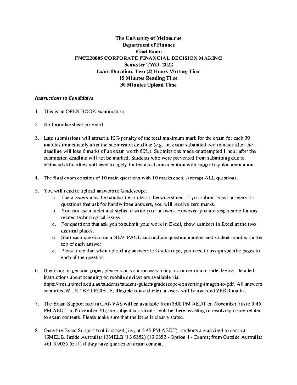 FNCE2000 5 2022 Sems 2 Final Exam w Answers LMS - The University of ...