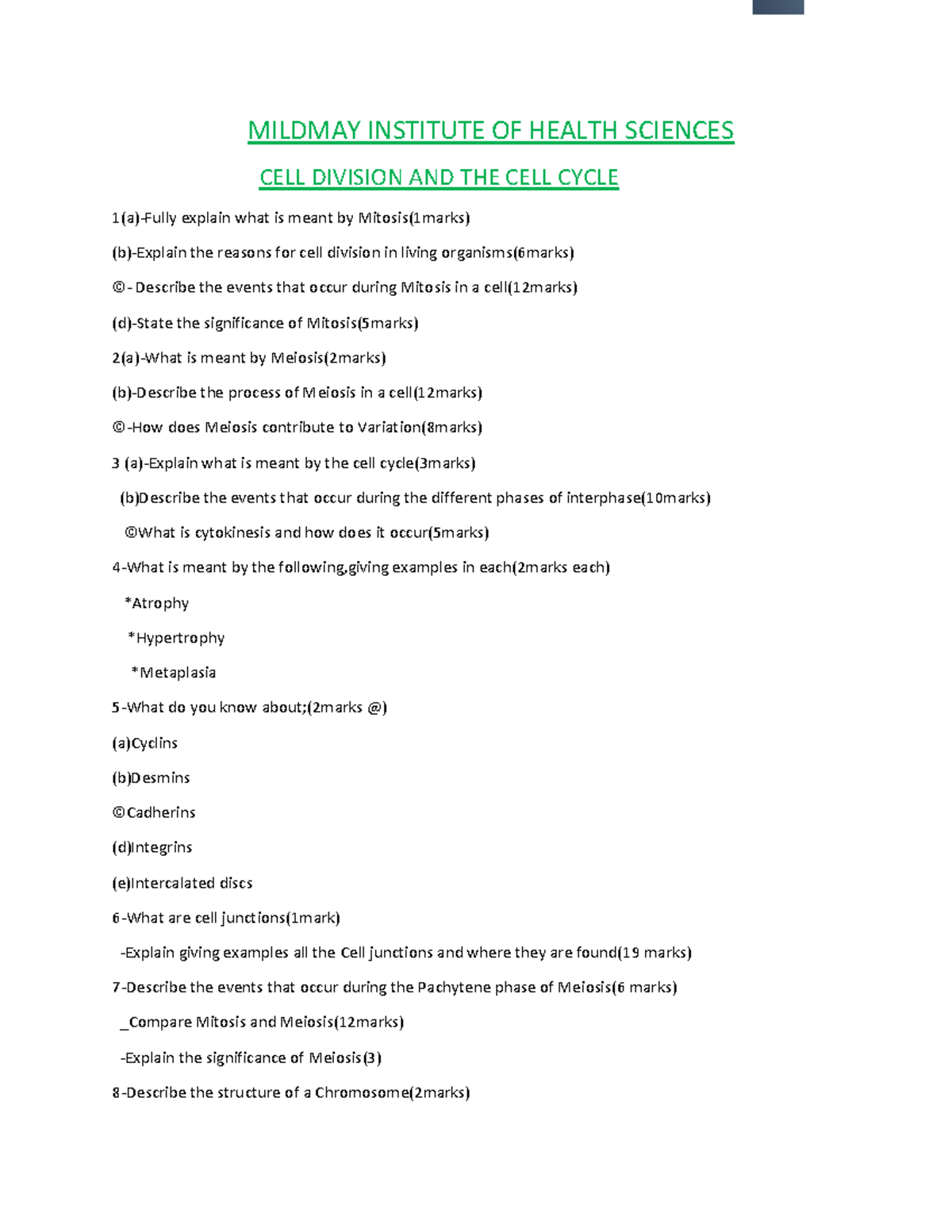 Sample workout questions on cell division under the subtopic cells ...