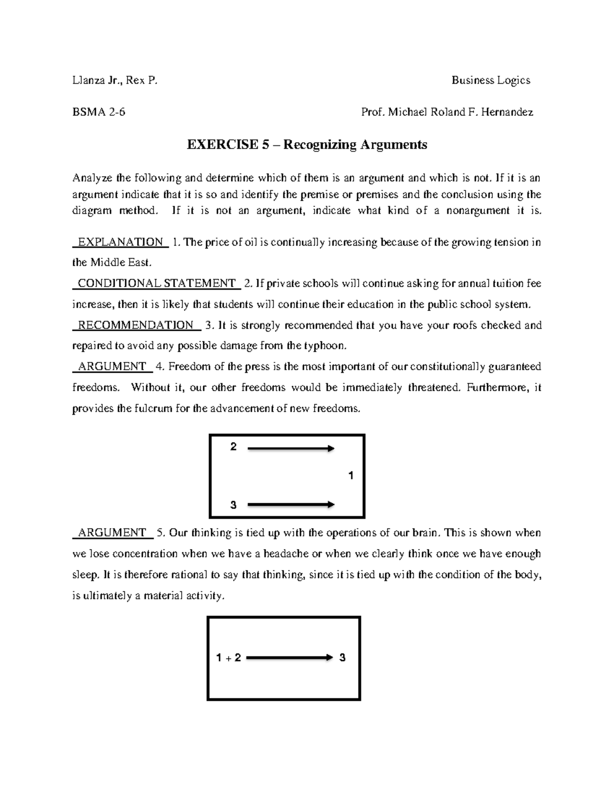 Llanza Exercise-5-Recognizing-Arguments - Llanza Jr., Rex P. Business Logics BSMA 2-6 Prof ...