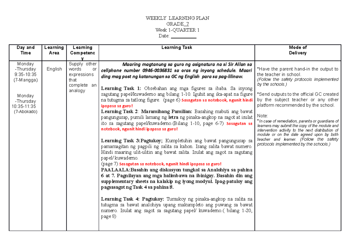 WHLP- English 7 week 1 - WHLP - WEEKLY LEARNING PLAN GRADE 7 Week 1 ...