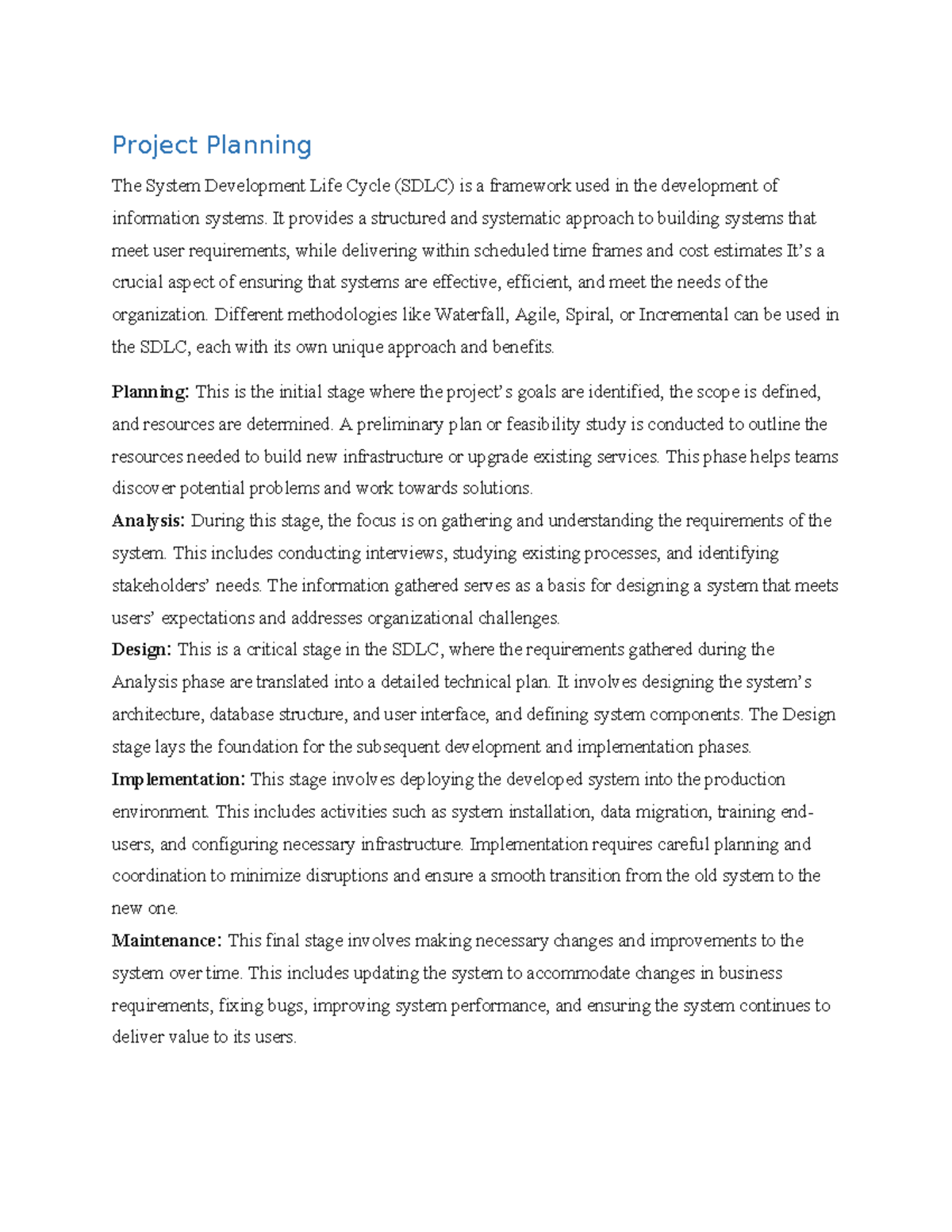 Project Planning - notes - Project Planning The System Development Life ...