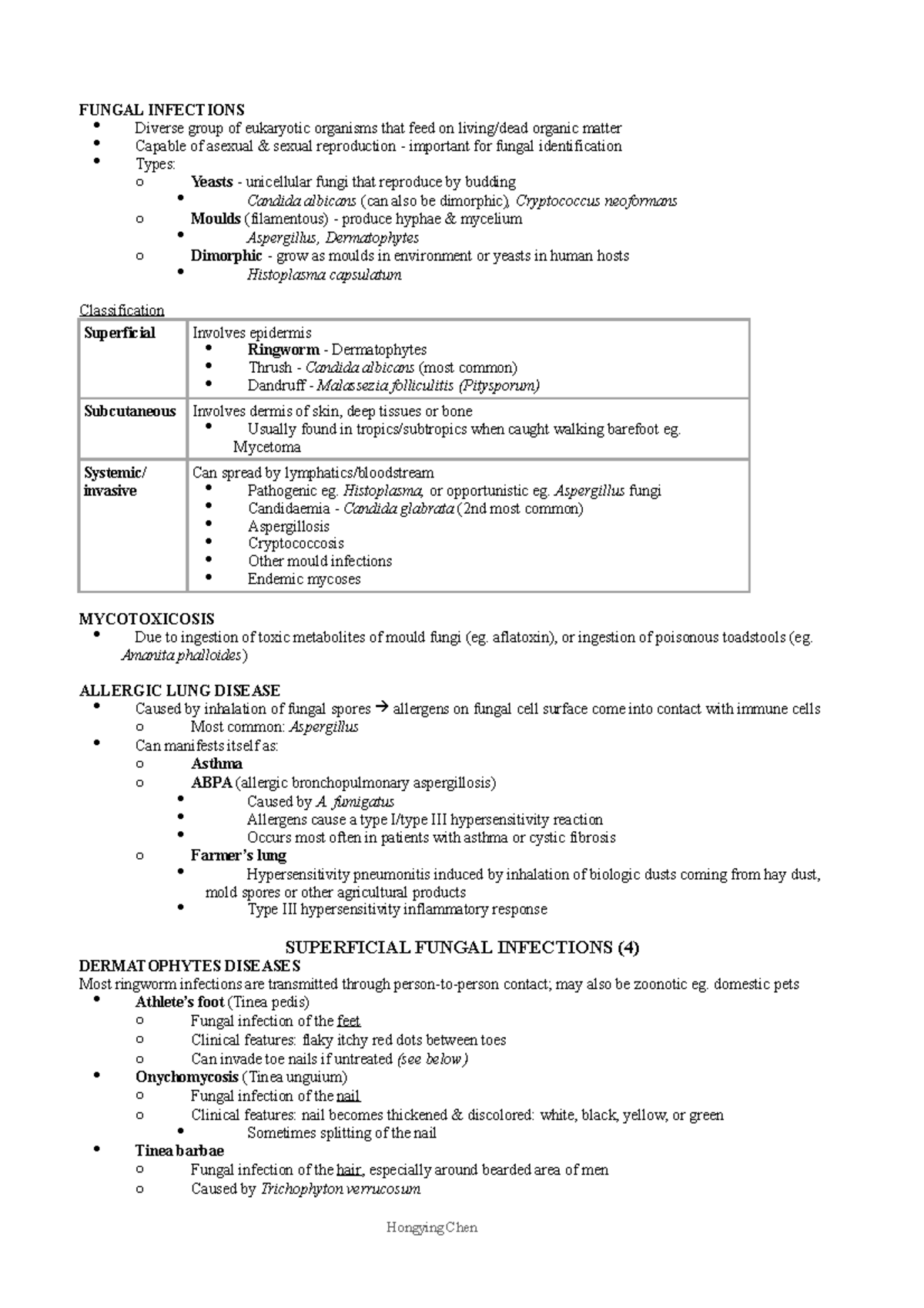 Fungal infections - lectures notes - FUNGAL INFECTIONS Diverse group of ...