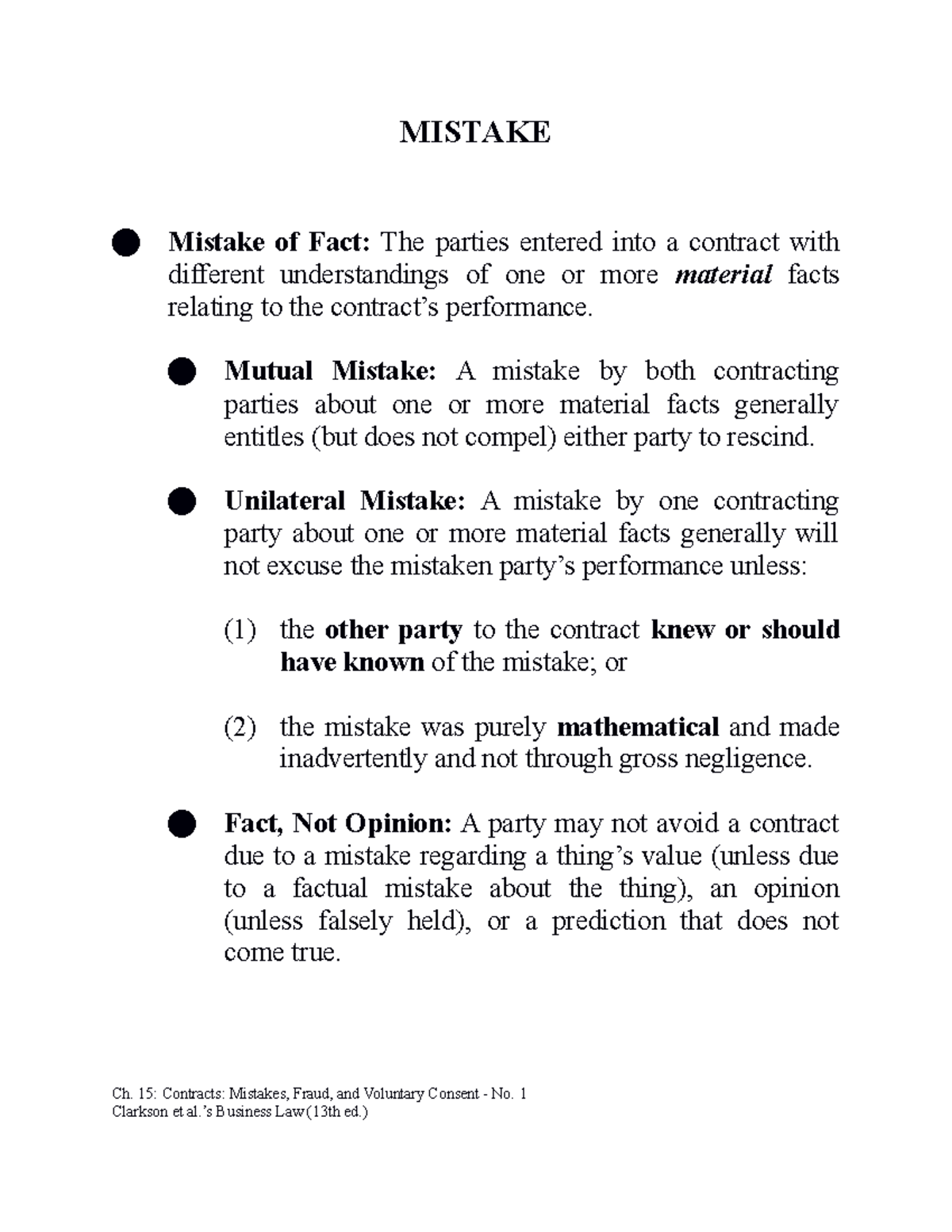 18. Chapter 15 Lecture Notes - MISTAKE Mistake of Fact: The parties ...
