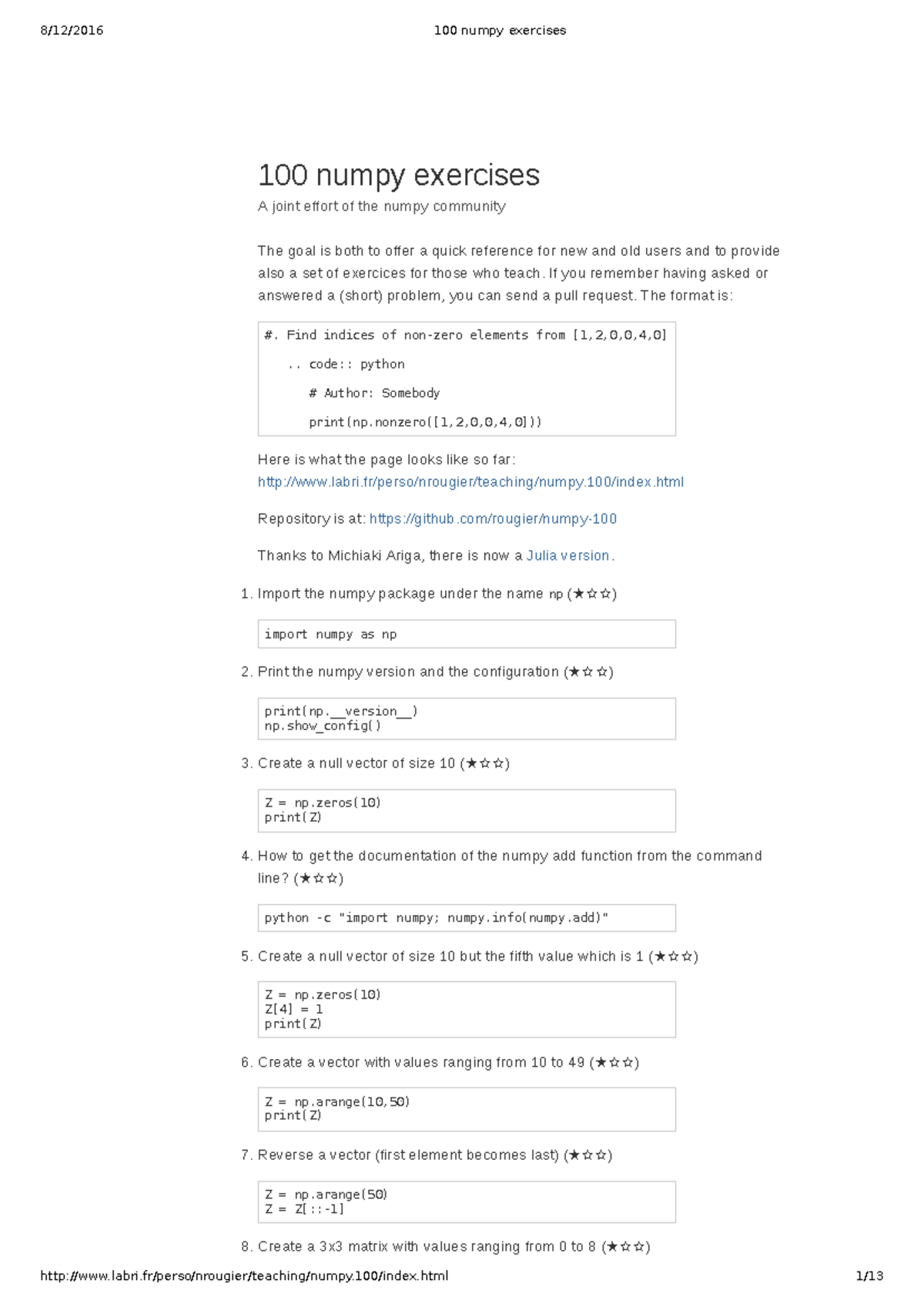 100 Numpy Exercises 1674824140 - 100 numpy exercises A joint effort of the numpy community The ...