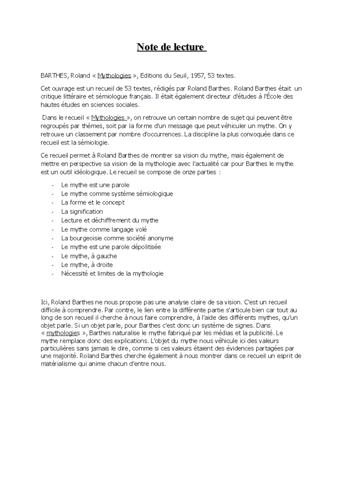 Note de lecture - Mythologies - Note de lecture BARTHES, Roland « Mythologies », Editions du ...