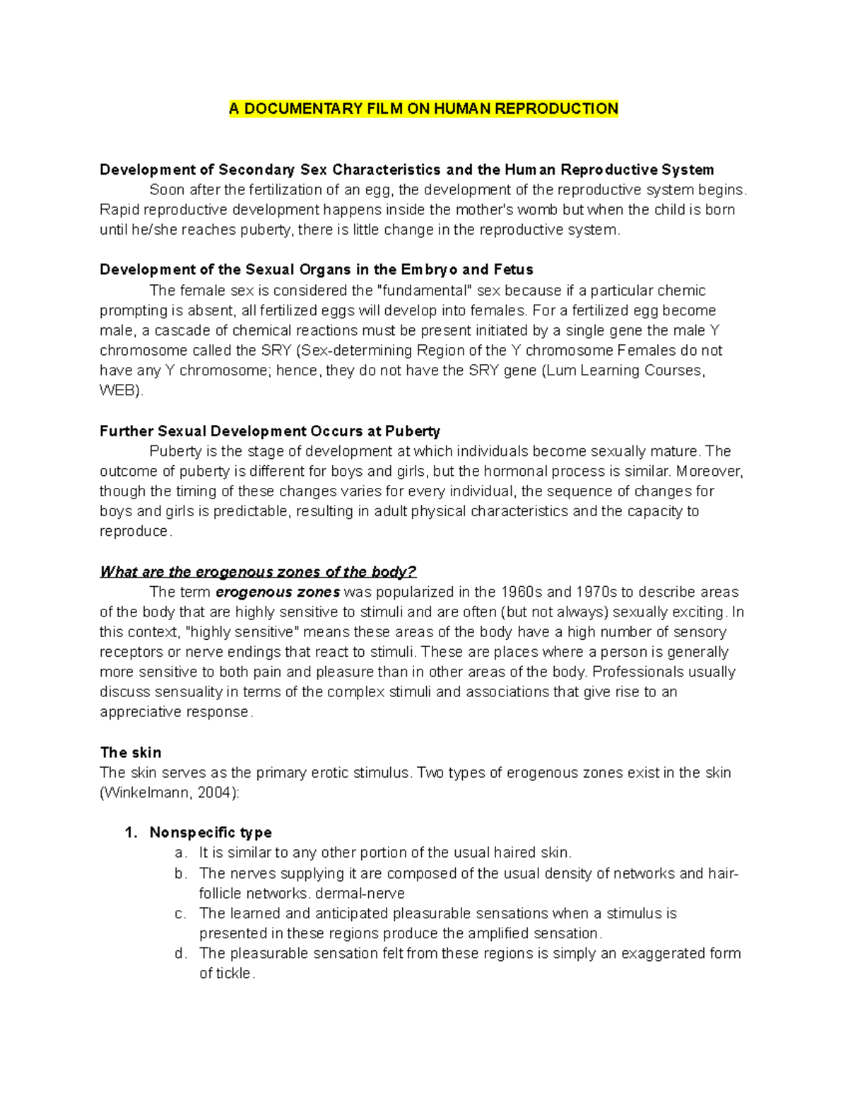 A Documentary FILM ON Human Reproduction 095208 - A DOCUMENTARY FILM ON ...