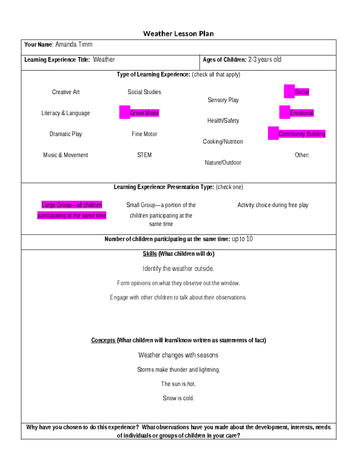 Weather Activity Plan - Weather Lesson Plan Your Name: Amanda Timm ...
