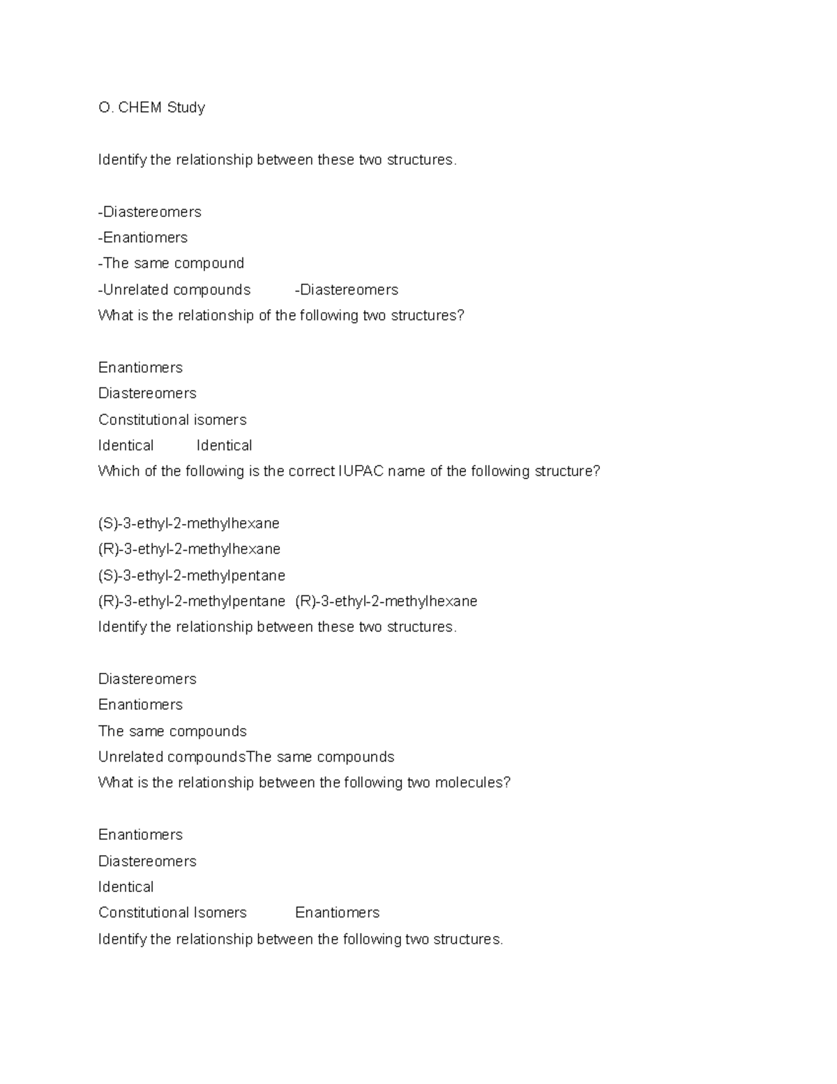 O. Chem exam study guie - O. CHEM Study Identify the relationship ...