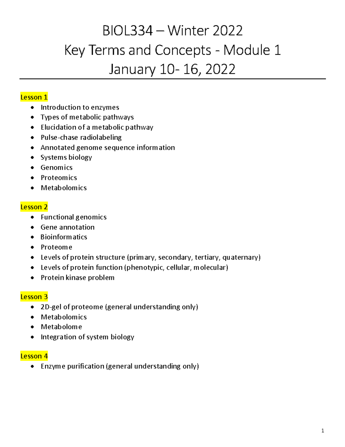 BIOL 334 - Key Terms and Concepts - Module 1 (January 10-16, 2022) - 1 ...