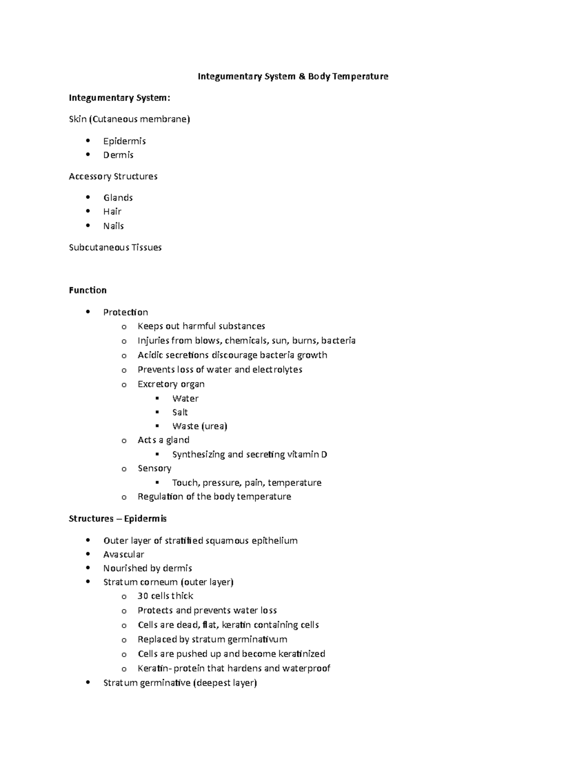 Chapter 7 - Integumentary System & Body Temperature Integumentary ...