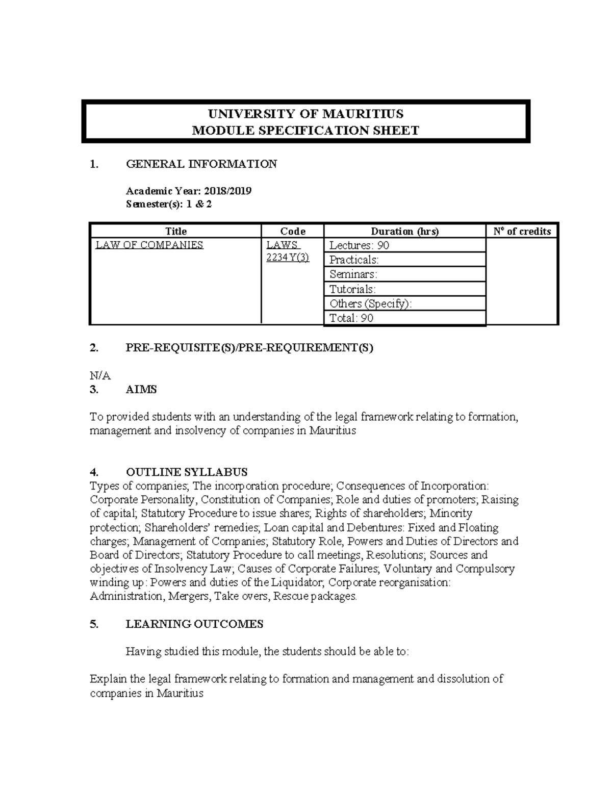 MSS Form(Law of Companies) - UNIVERSITY OF MAURITIUS MODULE ...