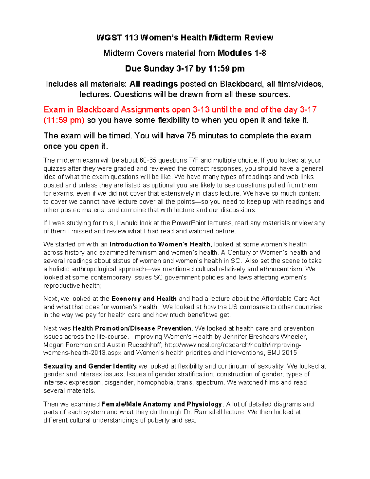 WGST 113 online midterm study guide Spring 2024 - WGST 113 Women’s ...