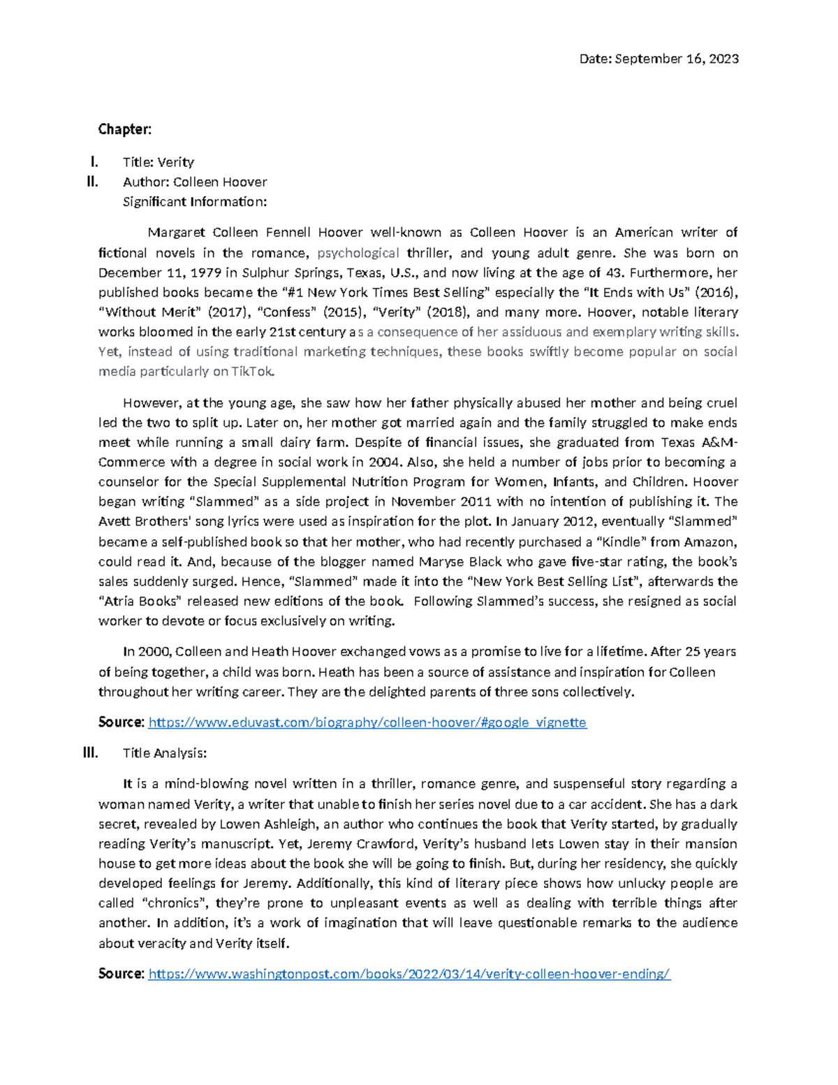 Novel-Analysis - Analysis - Date: September 16, 2023 Chapter: I. Title ...