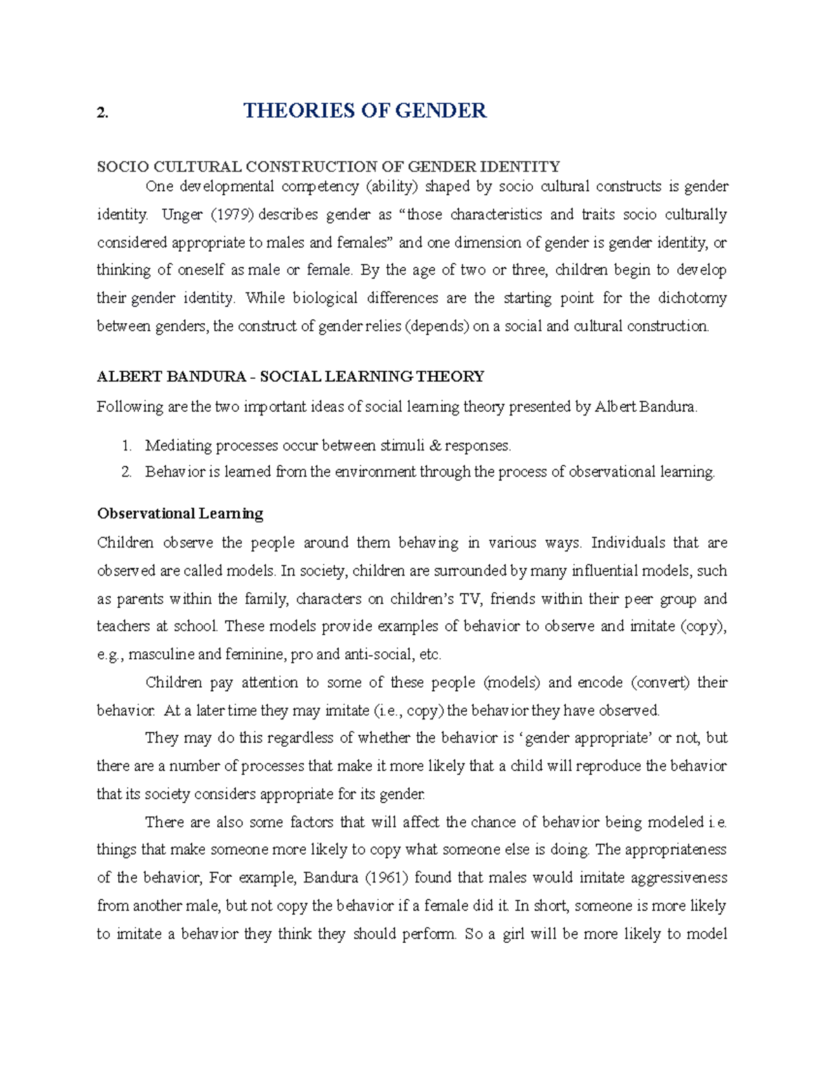Theories of gender - Lecture notes 7-10 - 2. THEORIES OF GENDER SOCIO ...