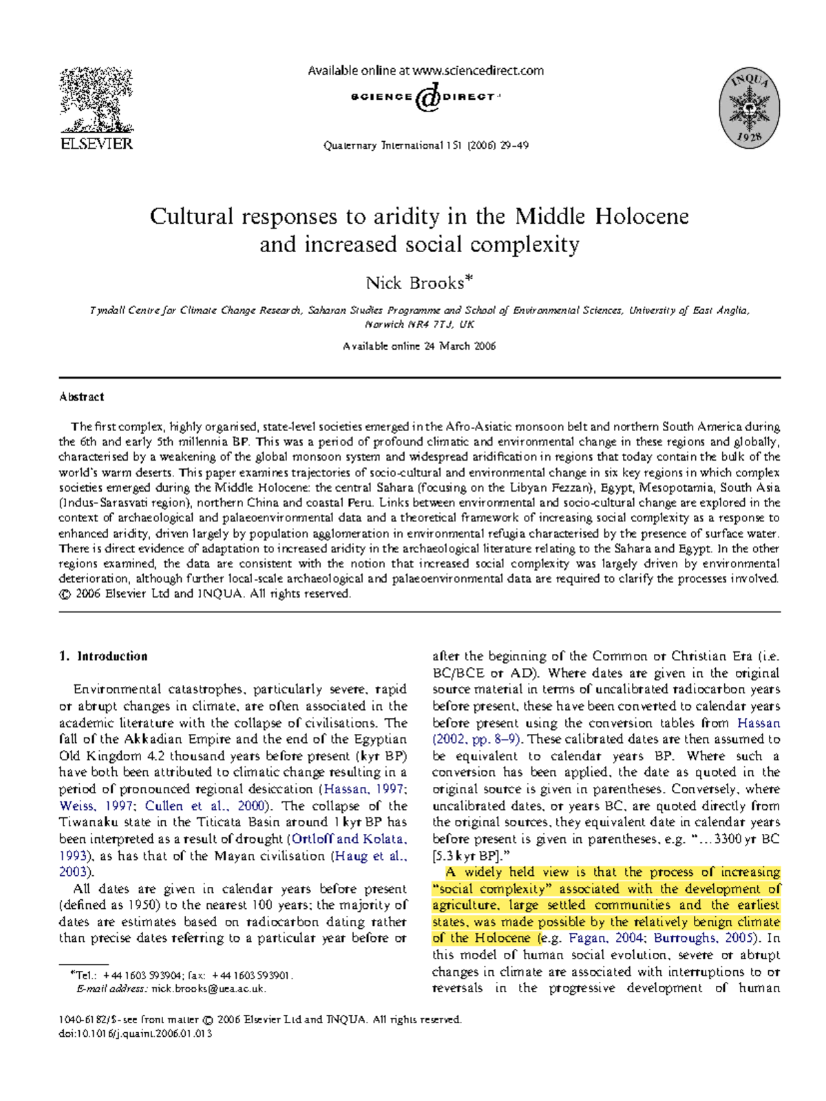 Cultural Responses to Aridity history GE - Quaternary International 151 ...