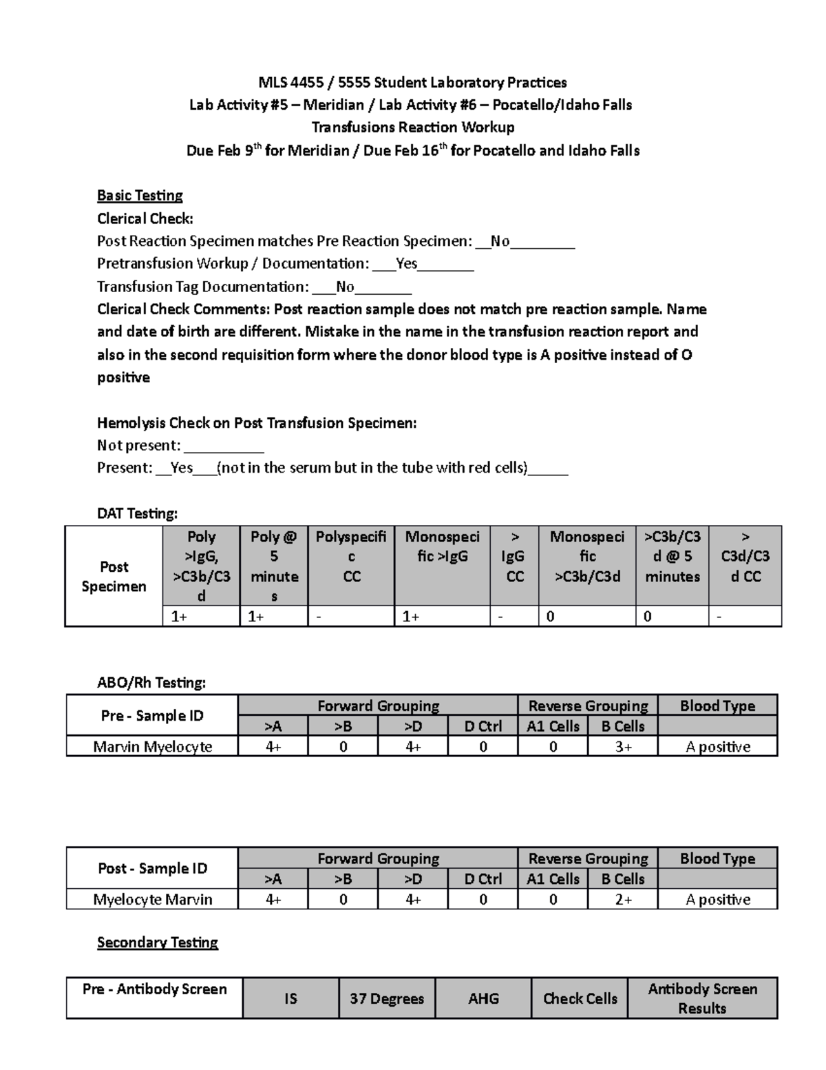 Lab 6 Trans Rxns workup - MLS 4455 / 5555 Student Laboratory Practices ...