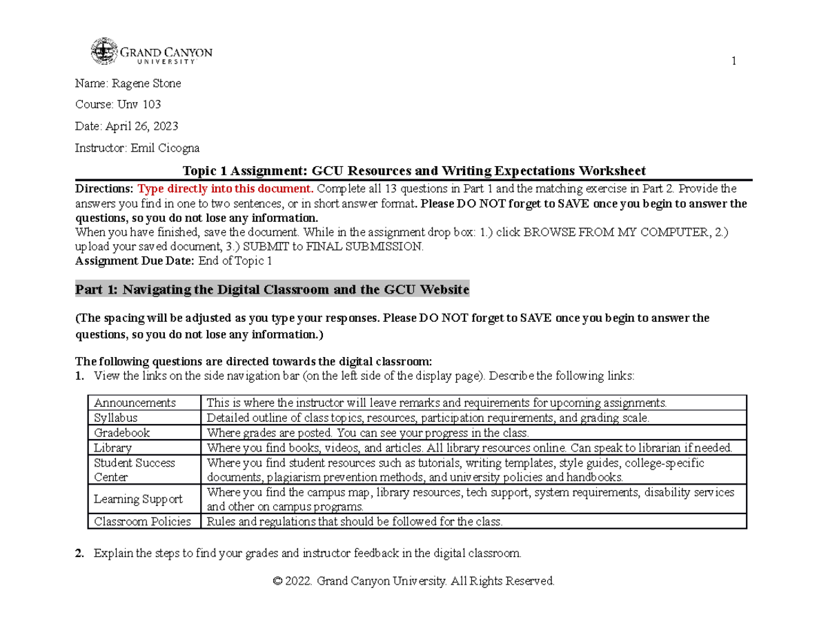 Resources Worksheet - UNV-103 - GCU - Studocu