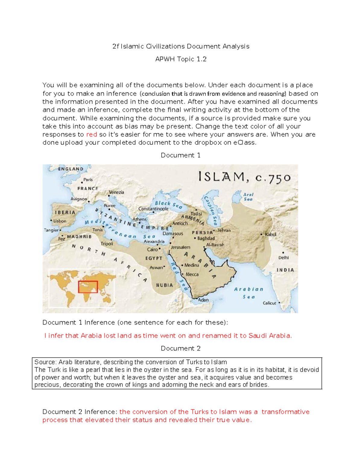 Islam Civilizations Document Analysis - You will be examining all of ...