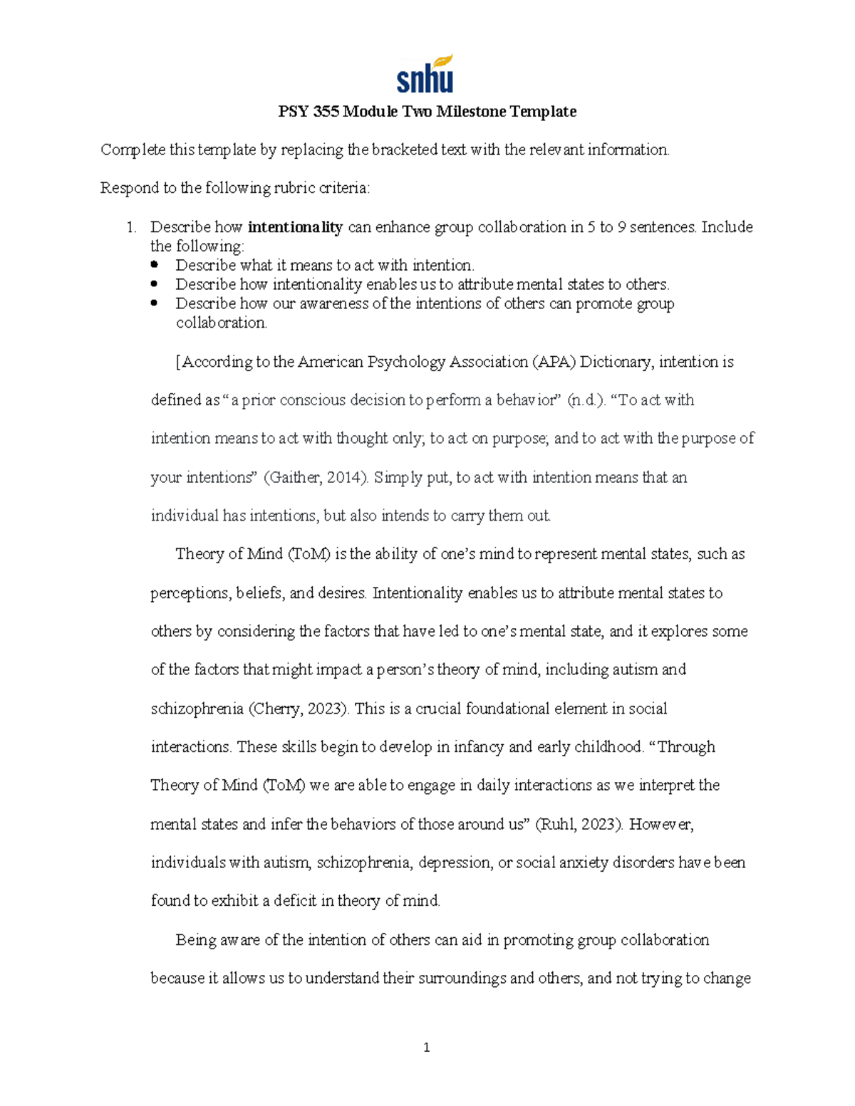 2-2 Module Two Milestone - PSY 355 Module Two Milestone Template Complete this template by ...