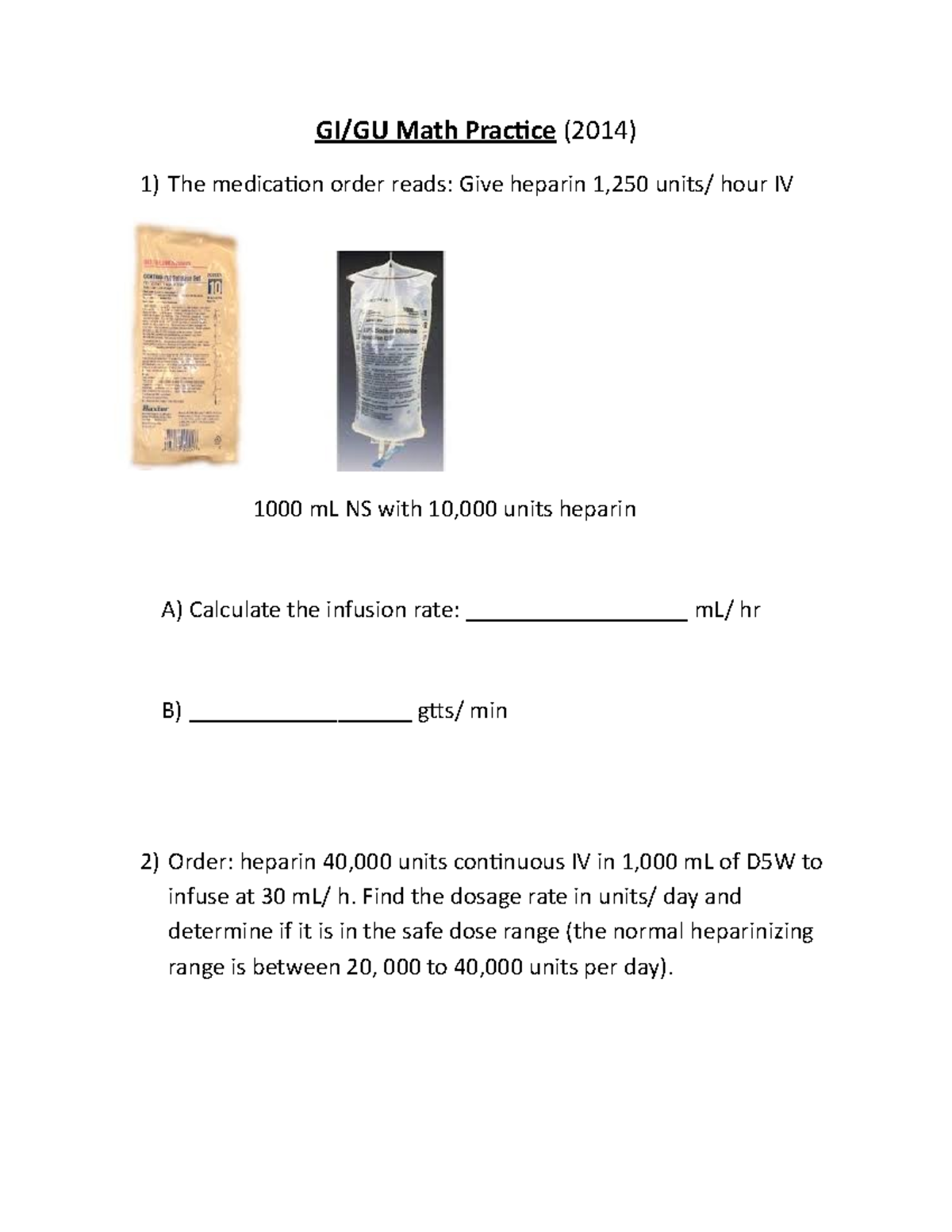 GI GU Math Practice - GI/GU Math Practice (2014) The medication order ...
