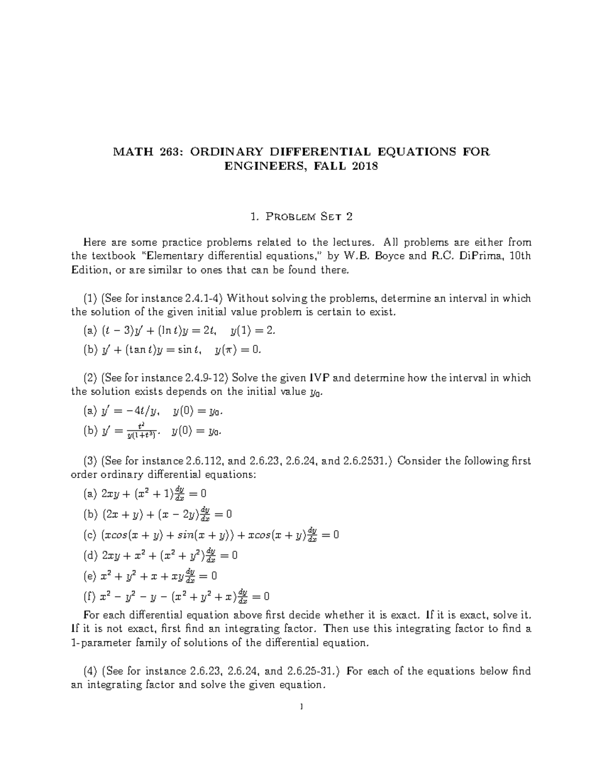Problem Set 2-2018 - Practice Questions - MATH 263: ORDINARY ...