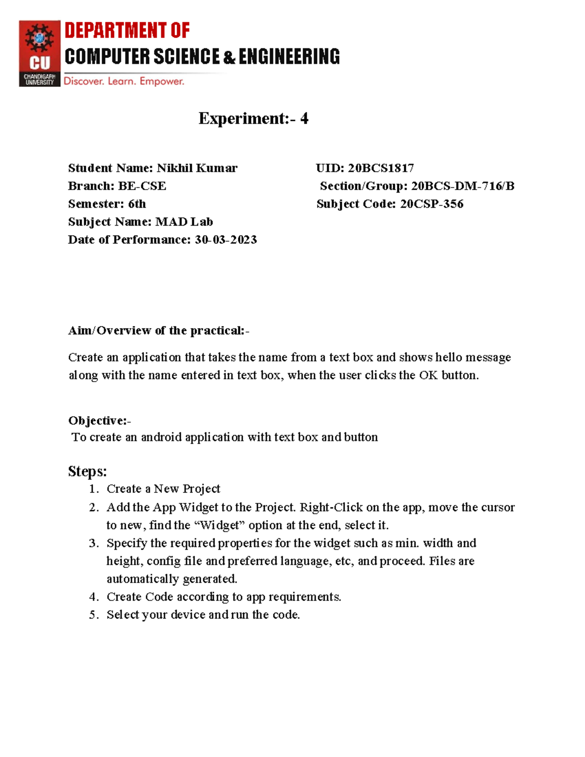 Exp-4 - Exp 4 MAD - COMPUTER SCIENCE & ENGINEERING Experiment:- 4 Student Name: Nikhil Kumar ...