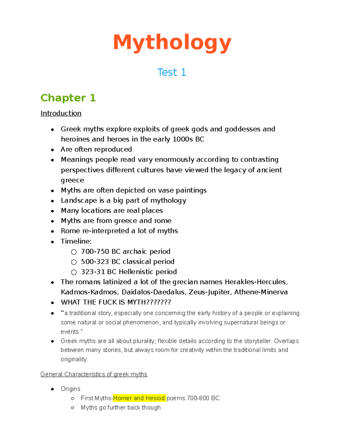 Myths Test Notes - Mythology Test 1 Chapter 1 Introduction Greek myths ...