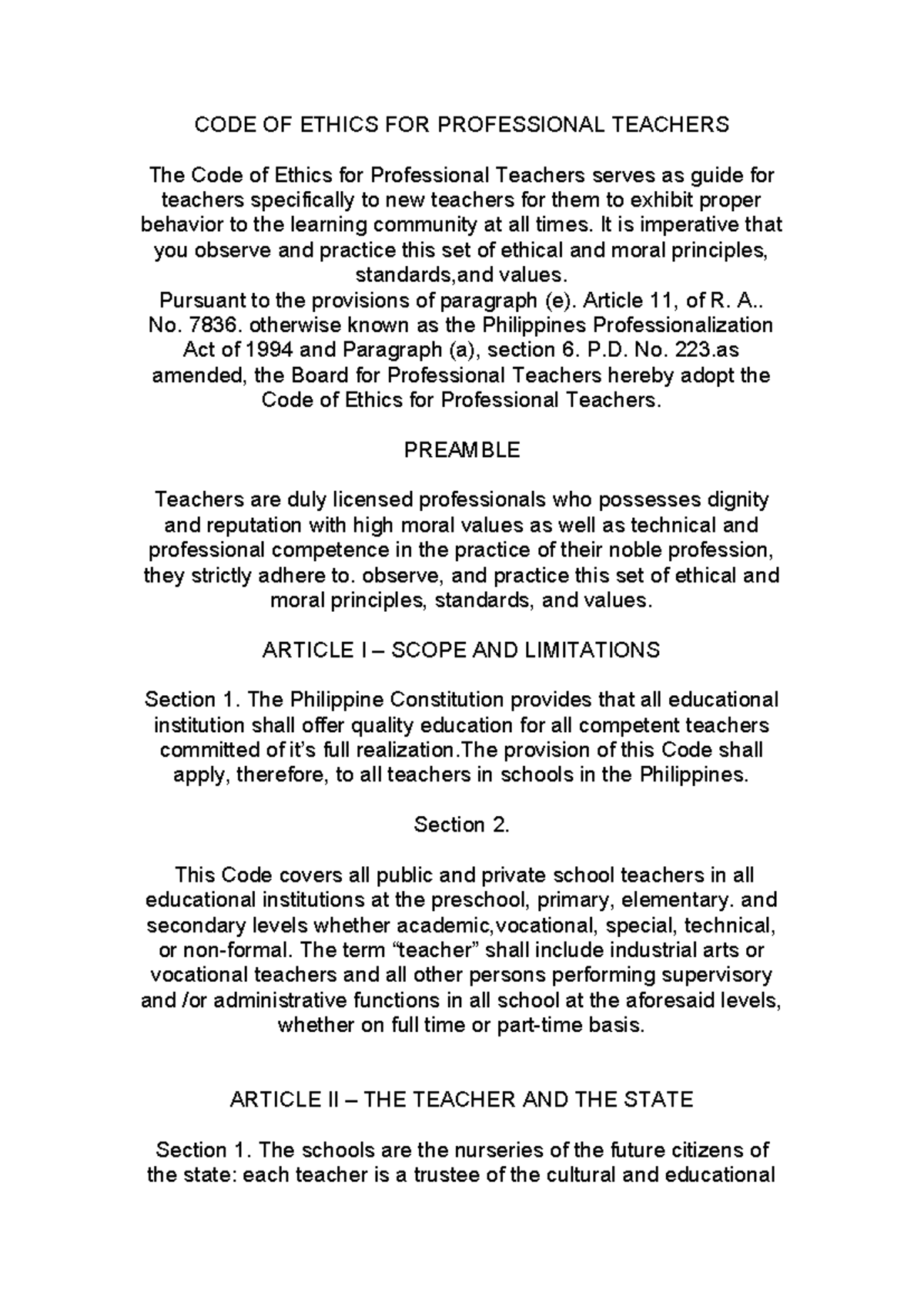 CODE OF Ethics FOR Professional Teachers - CODE OF ETHICS FOR ...