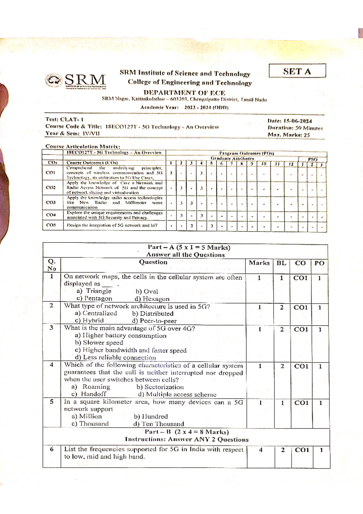 CT 1 QESTION PAPER - SRM Institute of Science and Technology SET A SRM ...