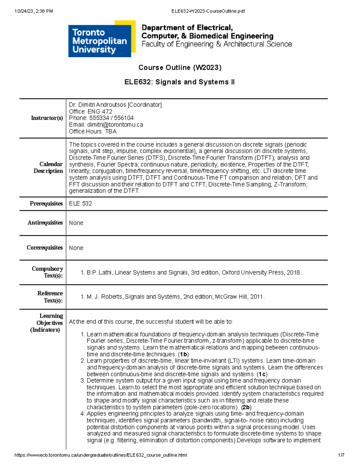 ELE632-W2023-Course Outline - Course Outline (W2023) ELE632: Signals ...