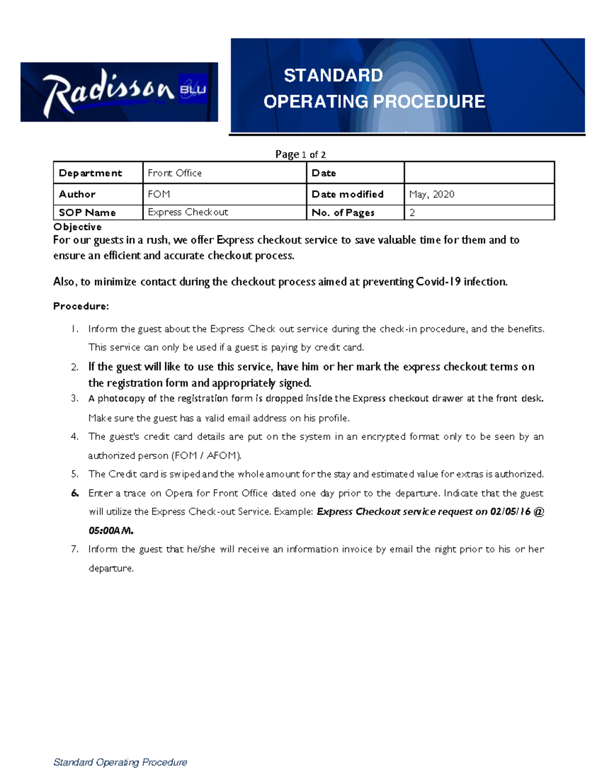 FO-011 Express Checkout - Page 1 of 2 Standard Operating Procedure ...