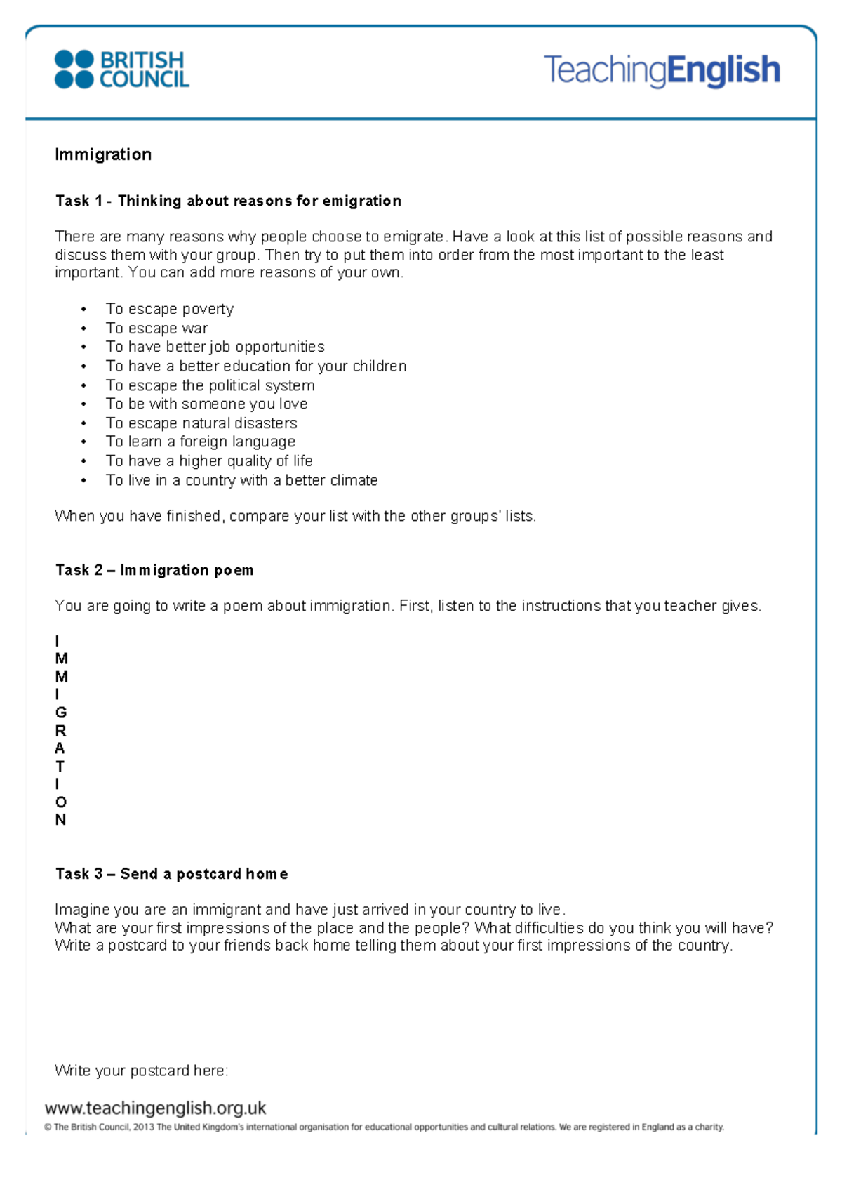 Immigration student worksheet - Immigration Task 1 - Thinking about ...
