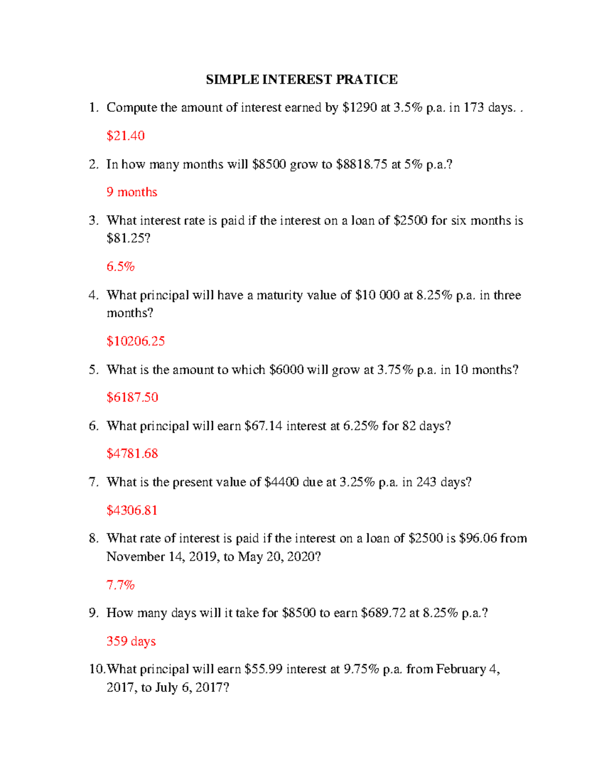 Simple Interest Pratice - SIMPLE INTEREST PRATICE Compute the amount of ...