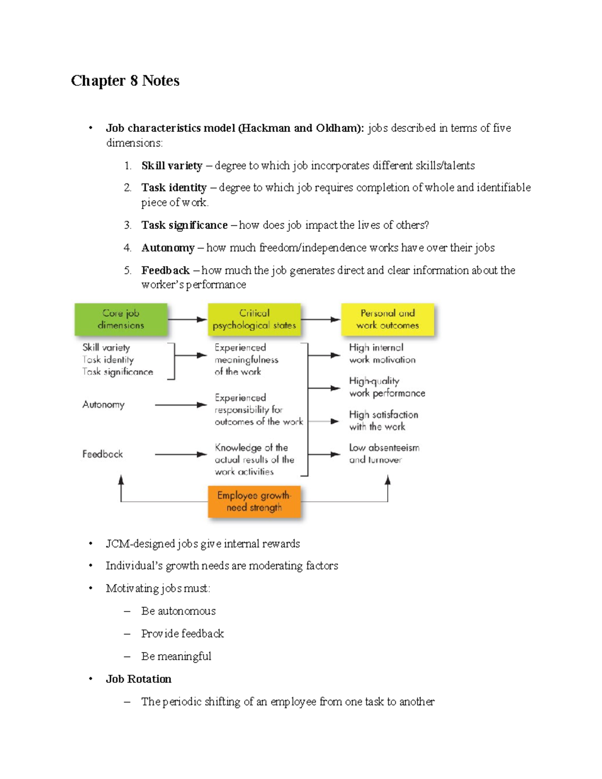 Chapter 8 Notes - Chapter 8 Notes • Job characteristics model (Hackman ...