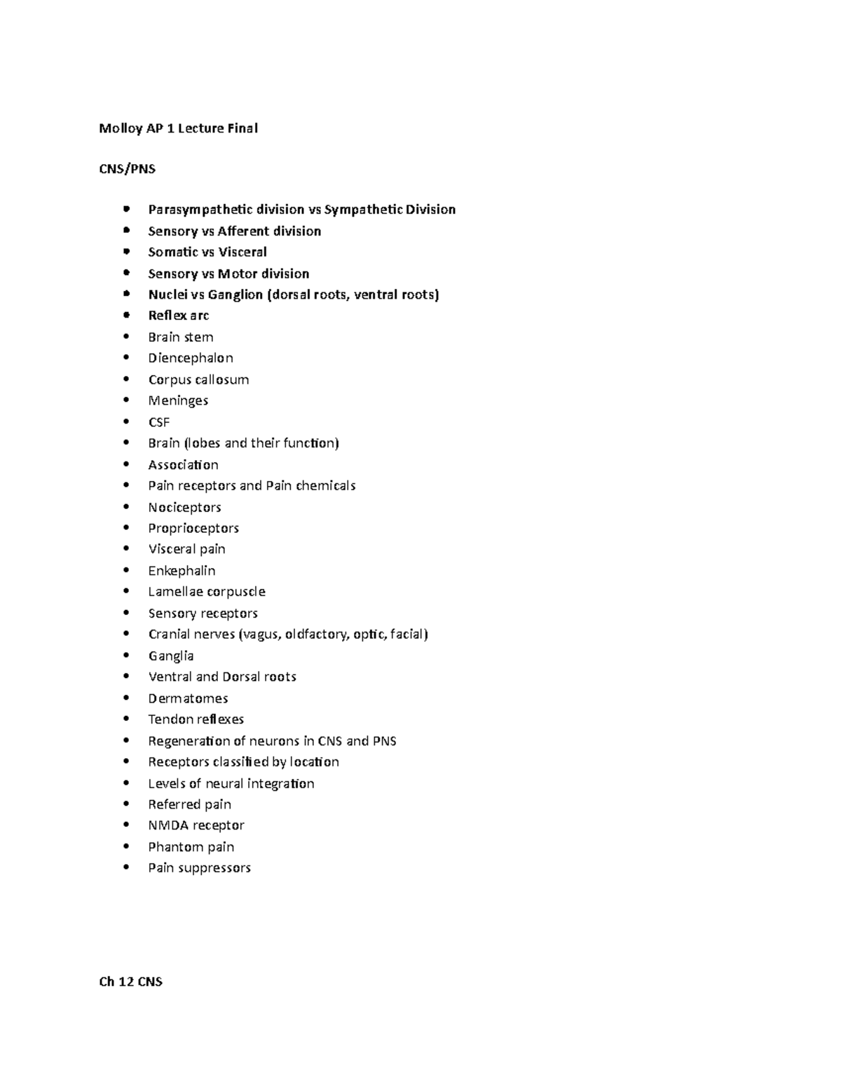 AP1 Bullets Final - review sheet for first test AP1 - Molloy AP 1 ...