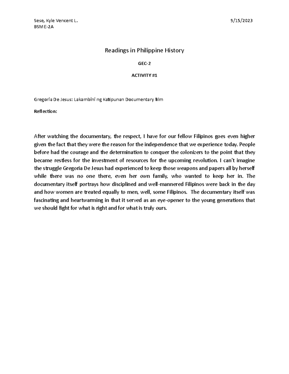RPH (Gregoria De Jesus) (Reflection Paper) - Sese, Kyle Vencent L. 9/15 ...