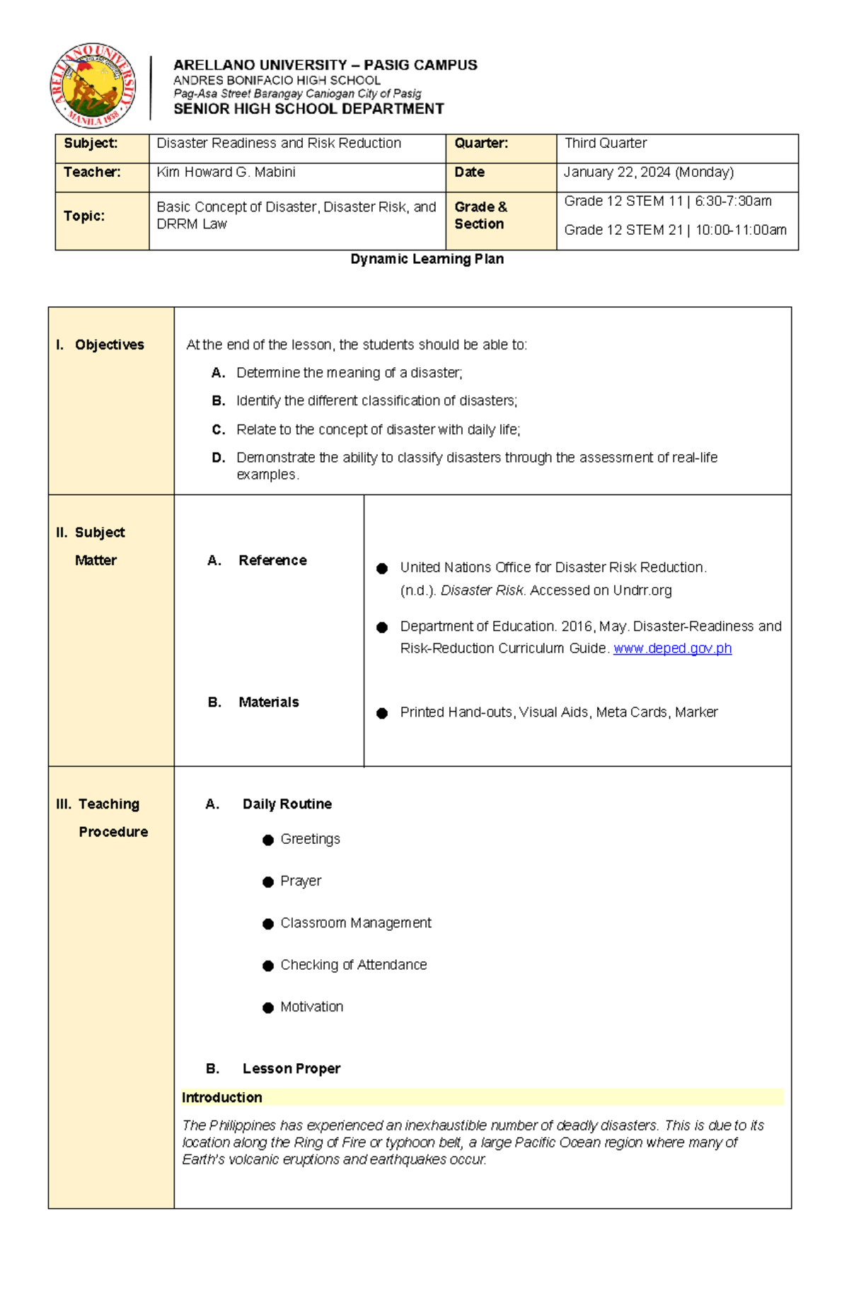 DLP-Lesson 1 - Subject: Disaster Readiness and Risk Reduction Quarter ...