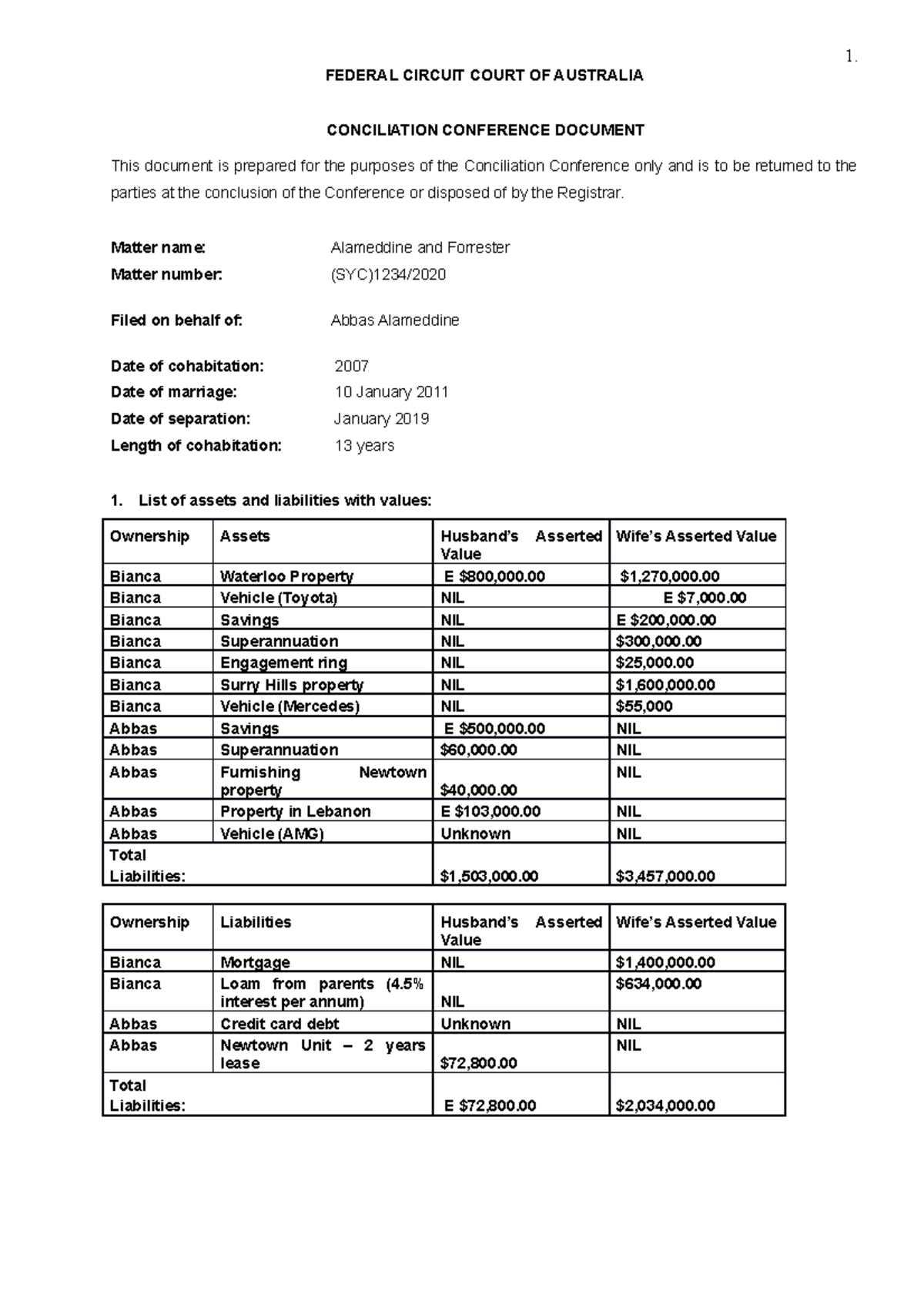 Conciliation Conference document - advanced family law - FEDERAL ...