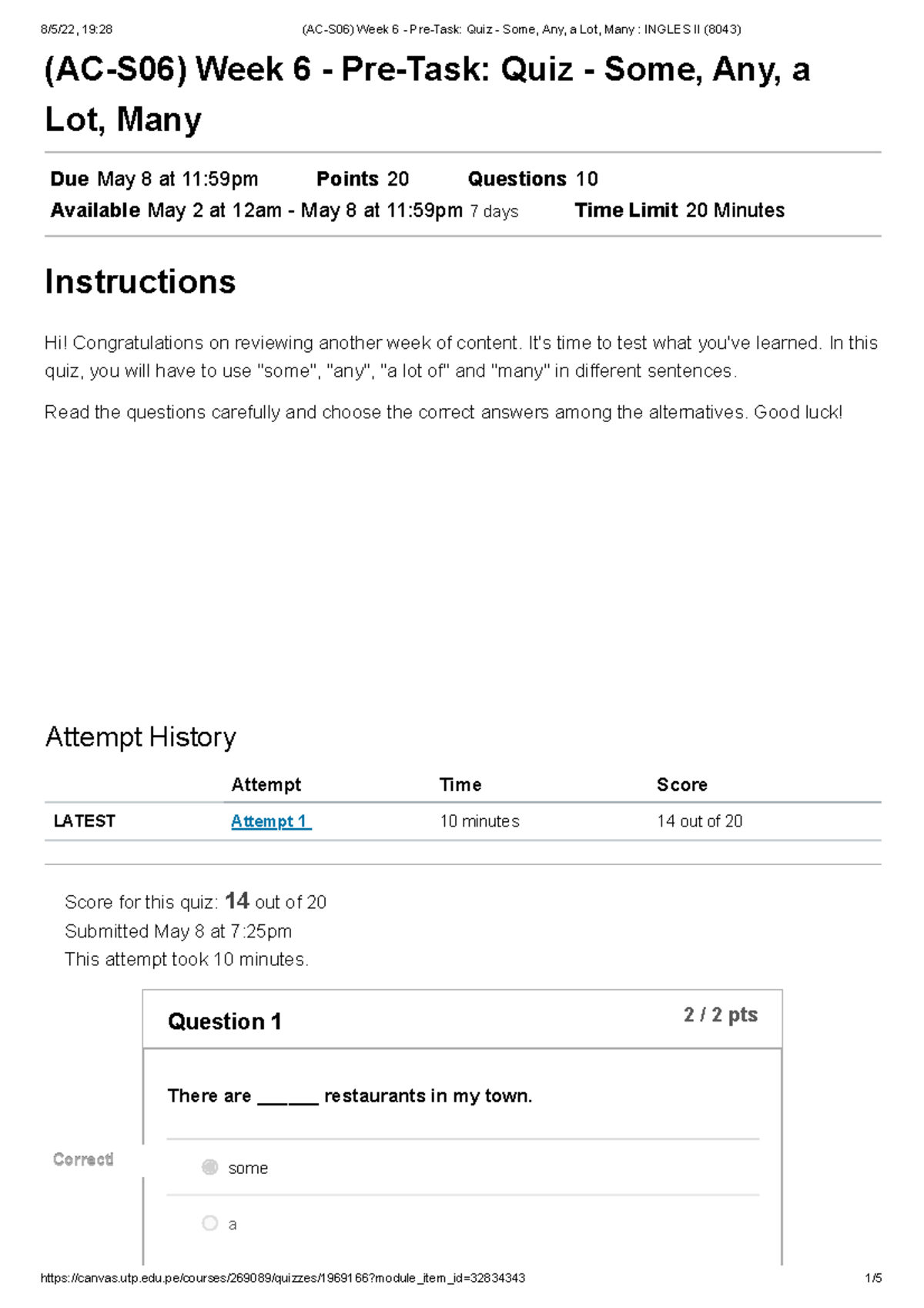 (AC-S06) Week 6 - Pre-Task Quiz - Some, Any, a Lot, Many Ingles II ...