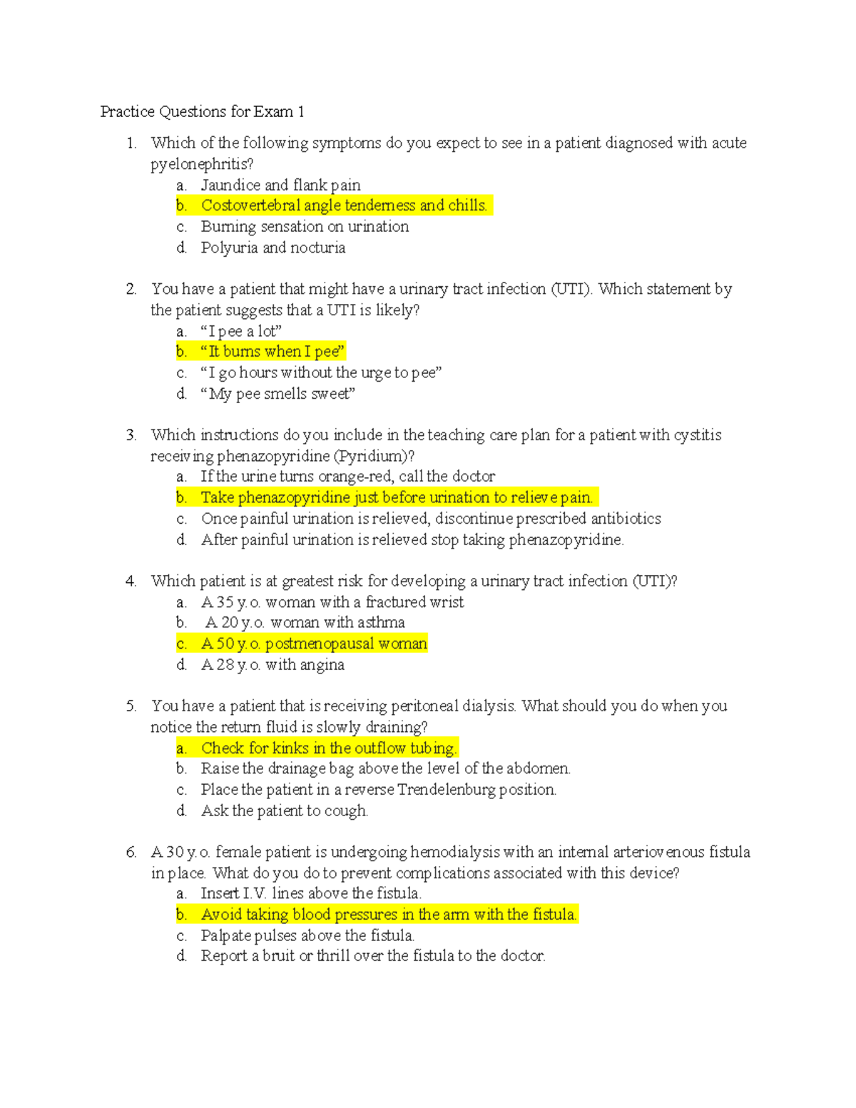 Practice Questions for Exam 1 - Jaundice and flank pain b ...