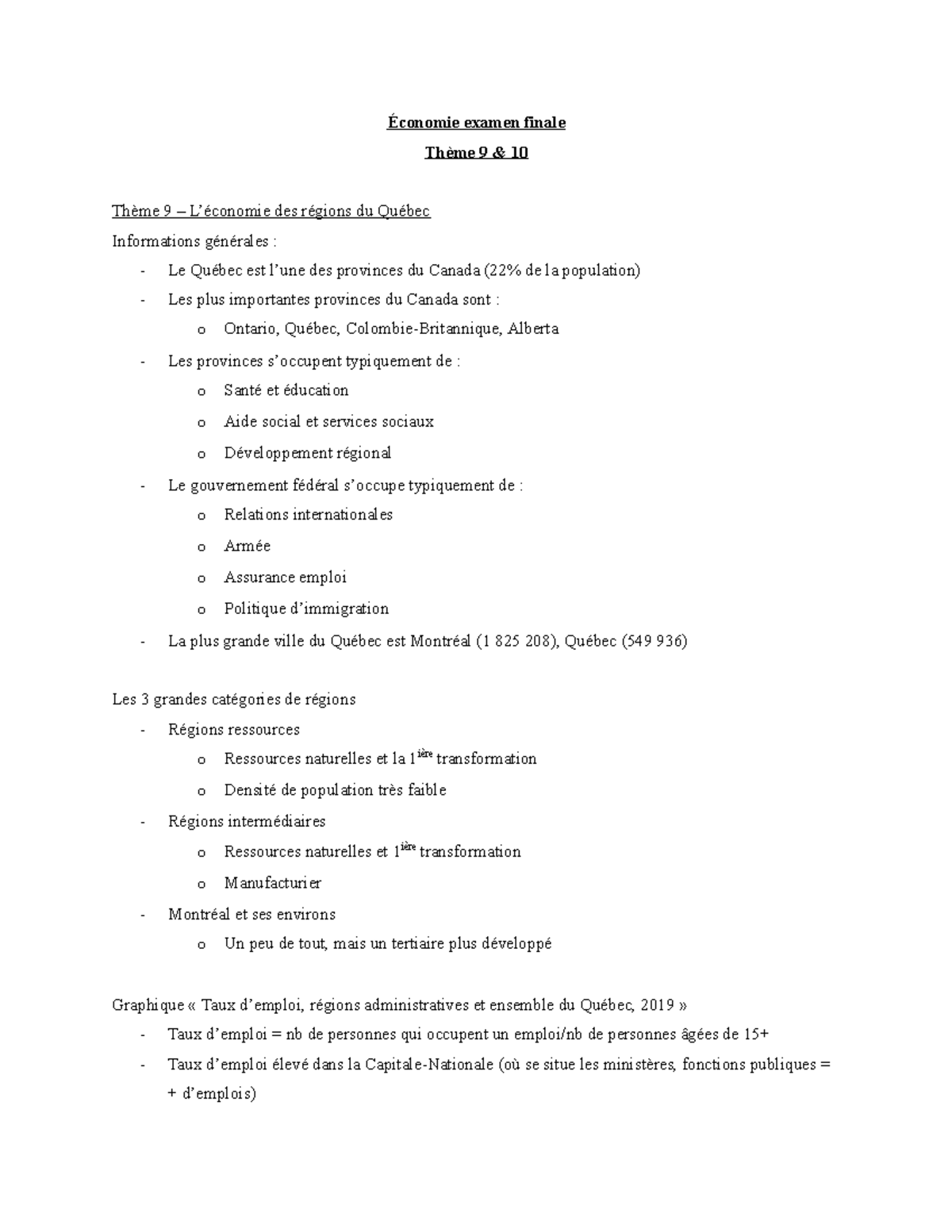 Feuille d'étude eco1600 thème 9-10 - Économie examen finale Thème 9 ...