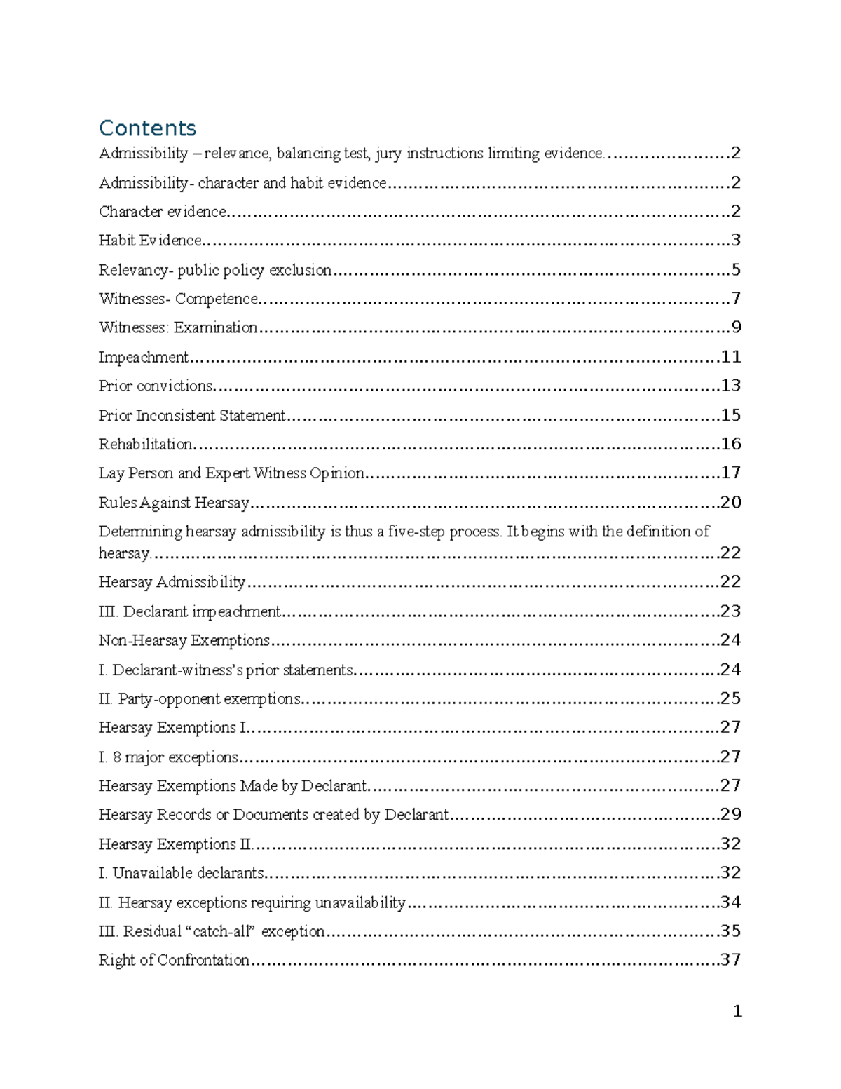 Evidence Notes - Contents Admissibility – relevance, balancing test ...