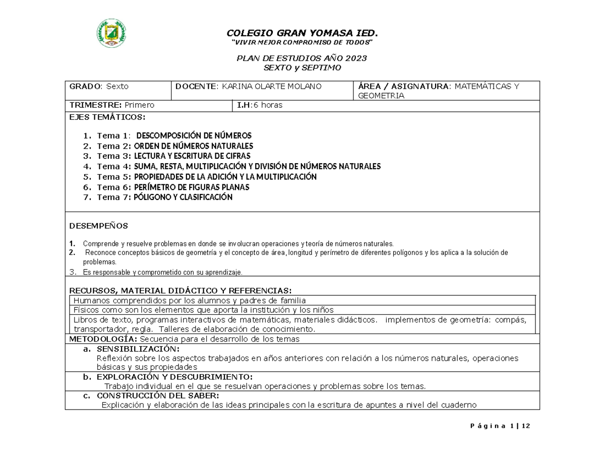 Plan de aula - hshhs - “VIVIR MEJOR COMPROMISO DE TODOS” PLAN DE ...