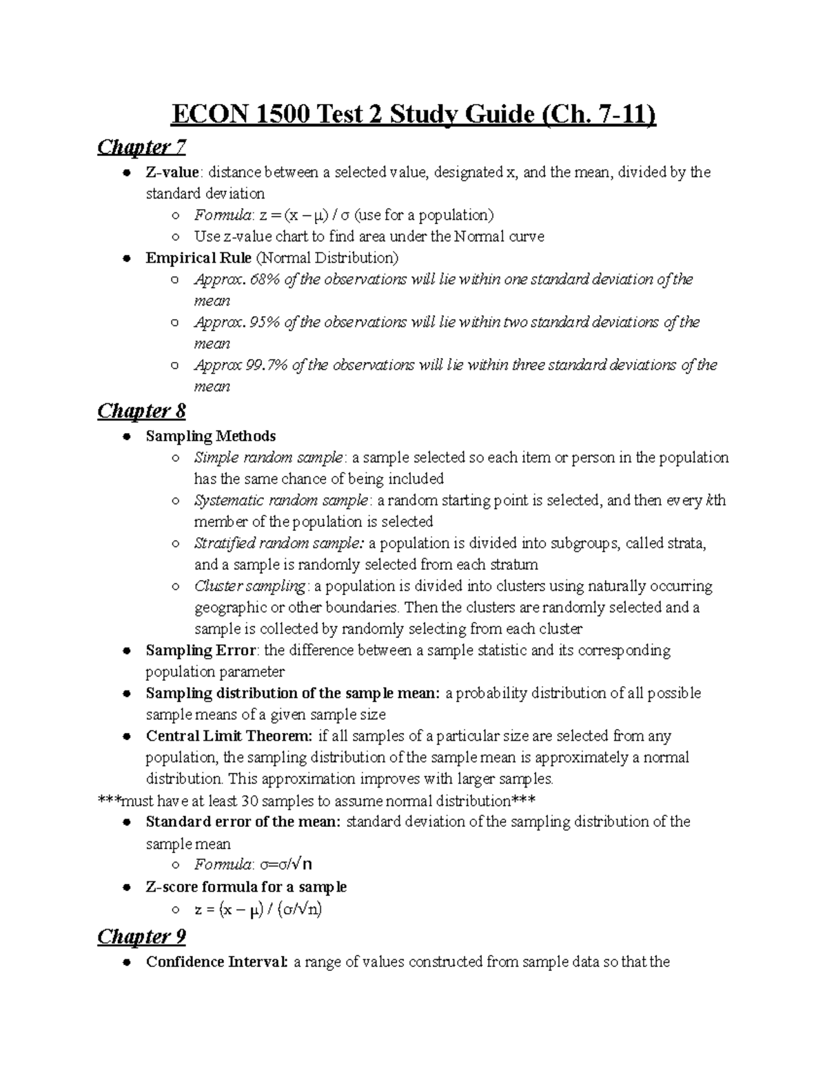 Econ Stats Test 2 Study Guide - ECON 1500 Test 2 Study Guide (Ch. 7-11 ...