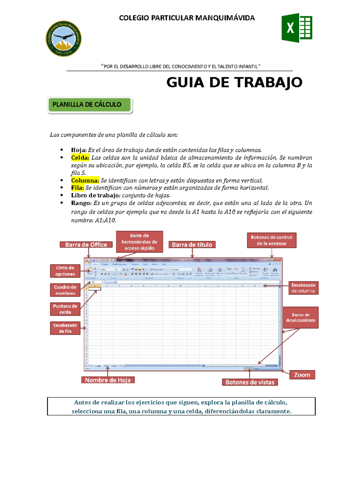 GUIA DE Trabajo Excel 5° AÑO B - COLEGIO PARTICULAR MANQUIMÁVIDA “POR ...
